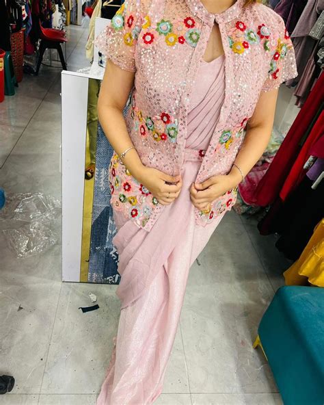 Peach Chinon Silk Embroidered Sequence Saree