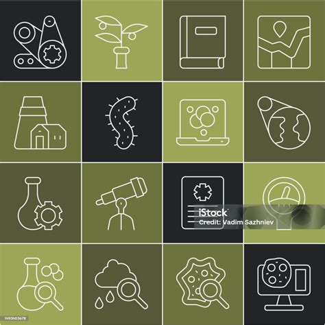 세트 라인 유전 공학 게이지 스케일 지구 지구본 과학 서적 바이러스 발전소 공장 타이밍 벨트 키트 및 화학식 아이콘 벡터 예술에 대한 스톡 벡터 아트 및 기타 이미지
