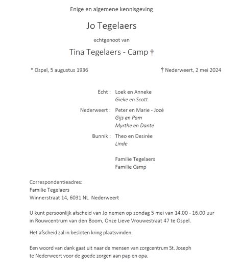 Overlijdensbericht Jo Tegelaers † Nederweert24