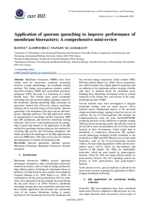Pdf Application Of Quorum Quenching To Improve Performance Of Membrane Bioreactors A