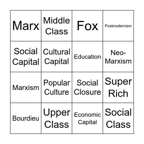 Social Class Bingo Card