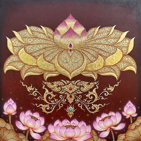 Lotus Flower Canvas Painting Original Thai Artwork And Thai Painting Sale