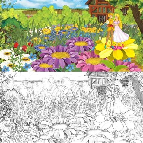 ©왕자와 공주 꽃 만화 농장 현장 Illustratorhft의 100313892 스톡 일러스트레이션