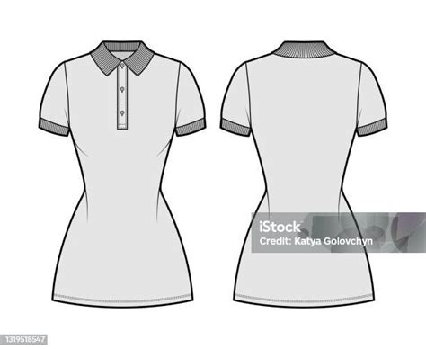 드레스 폴로 패션 일러스트와 반소매 몸에 맞는 미니 길이 연필 스커트 헨리 네크 라인 플랫 의류 0명에 대한 스톡 벡터 아트 및 기타 이미지 Istock