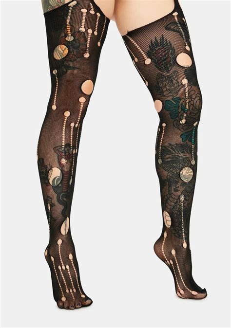 Wait Garter Connected Tights With Cut Out Holes Black Suspender