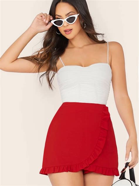 Ad Solid Ruffle Hem Wrap Skort Tags Boho Red Plain Ruffle Ruffle