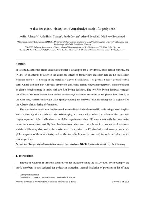 Pdf A Thermo Elasto Viscoplastic Constitutive Model For Polymers