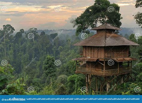 Ecotourism Traditional Wooden Treehouse High In A Tropical Rainforest Overlooking A Vast
