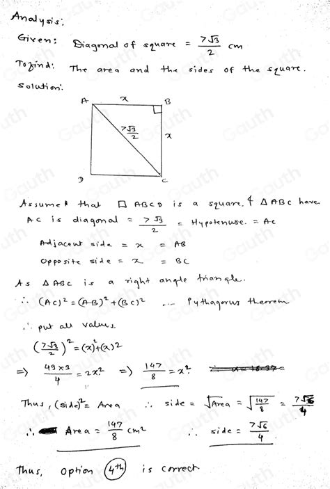 Solved Find The Area And The Sides Of The Square Whose Diagonal Is