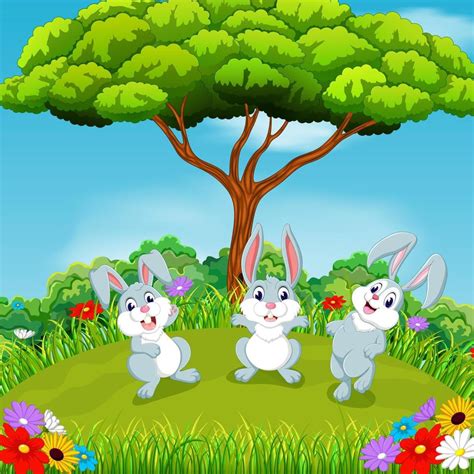 The Beautiful View With Three Rabbits Playing Together Under The Huge