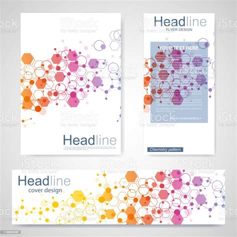 전단지 브로셔 크기 A4 템플릿 배너를 설정합니다 연결된 선과 점이 있는 분자 구조 잡지 전단지 표지 포스터 디자인을위한 요소와 과학 패턴 원자 Dna Dna에 대한 스톡