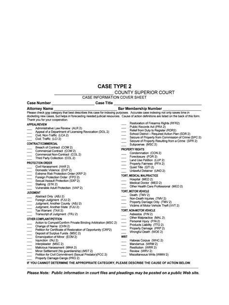 Civil County Superior Court Case Information Cover Sheet Cics Fill