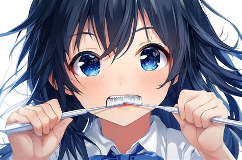Anime Girl Brushing Her Teeth With Two Toothbrushes Premium Ai