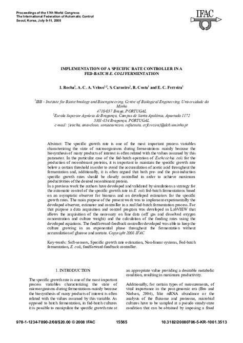Pdf Implementation Of A Specific Rate Controller In A Fed Batch E Coli Fermentation