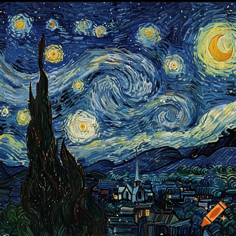 Swirling Blue Night Sky With Bright Stars Cypress Tree And Village