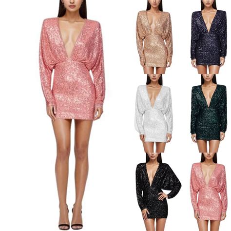 Sexy Deep V Long Sleeves Bodycon Sequined Dress Elegant Women Long