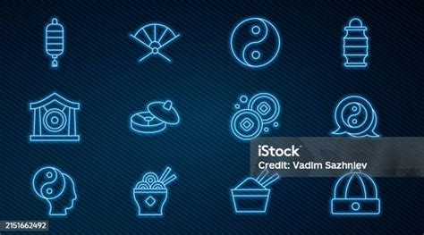 세트 라인 중국 모자 음양 상징 다도 징 악기 종이 등불 위안 화폐 및 전통 부채 아이콘 벡터 0명에 대한 스톡 벡터 아트 및
