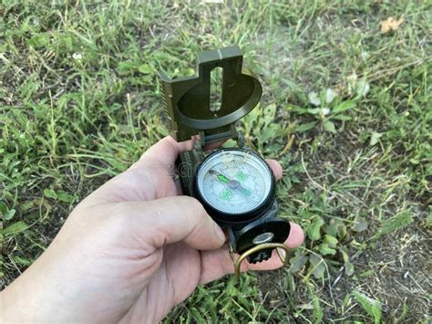 Compass For Orientation On The Terrain During A Hike Stock Image