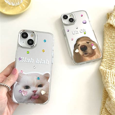 고양이 강아지 귀여운 디자인 큐빅 스티커 세트 미러 실리콘 범퍼 아이폰15 아이폰14 아이폰13 아이폰12 프로 맥스 슬림 거울 커플 우정 추천 핸드폰 케이스 에이블리