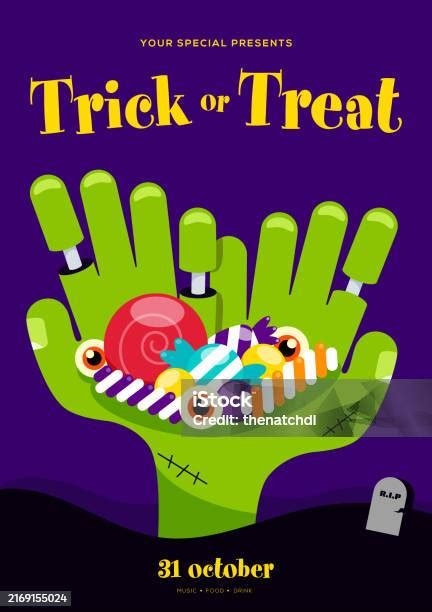 해피 할로윈 파티 포스터 템플릿 디자인 보라색 배경에 고립 된 녹색 괴물 손에 사탕 평면 디자인 스타일 벡터 일러스트 레이 션 10월에 대한 스톡 벡터 아트 및 기타 이미지