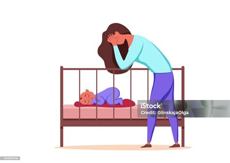 산후 우울증 은 평평한 스타일로 자고 있는 신생아 근처의 슬픈 피곤한 여성의 그림입니다 산후 우울증의 심리학 문제 출산의 기분 장애 모성 및 부모 어려움 산후 우울증에 대한