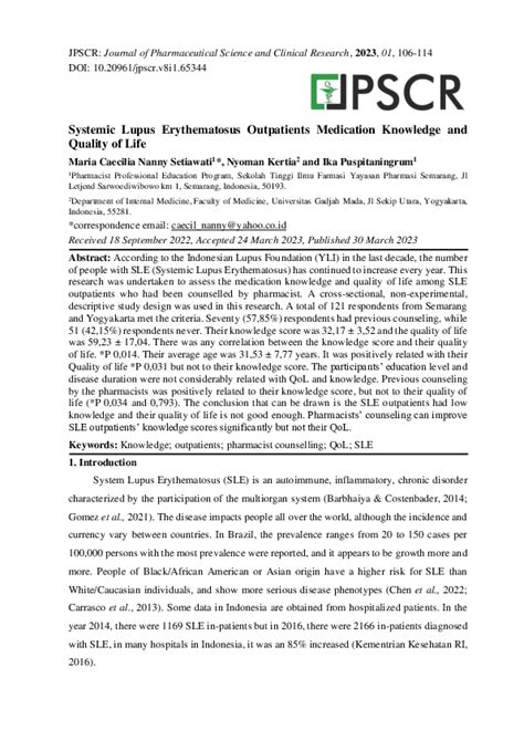 Pdf Systemic Lupus Erythematosus Outpatients Medication Knowledge And