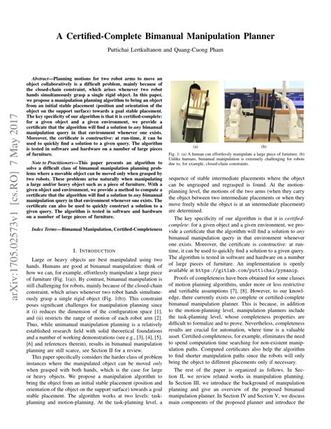 Pdf A Certified Complete Bimanual Manipulation Planner