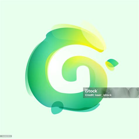 녹색 잎으로 에코 그라디언트 스플래시 블롯의 G 문자 로고 부정적인 공간 환경 친화적 인 아이콘 환상 효과 엠블럼 유기농장에