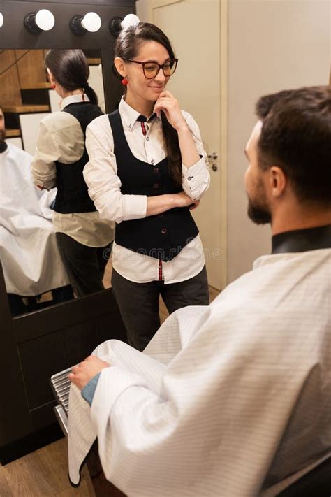 Female Master Communicates With A Bearded Client Stock Image Image Of