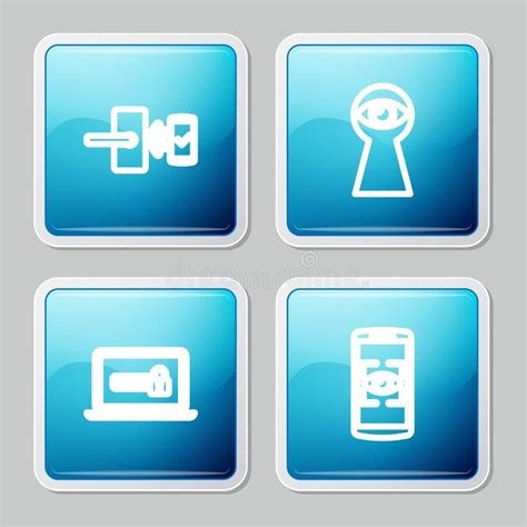 Set Line Digital Door Lock With Wireless Keyhole Eye Laptop Password And Mobile And Scan Icon