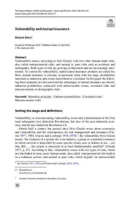 Pdf Vulnerability And Mutual Insurance Roland Eisen
