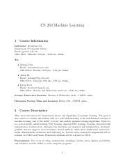 Syllabus CS260 Pdf CS 260 Machine Learning 1 Course Information