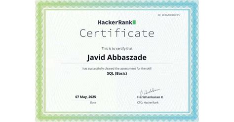 Im Excited To Share That Ive Earned My Sql Basic Certificate From Hackerrank Javid Abbaszade