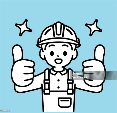 안전모를 쓰고 멜빵이나 교정기가 달린 작업복을 입고 미소를 지으며 두 엄지손가락을 치켜세우는 소년 간단한 선화 또는 건설 노동자