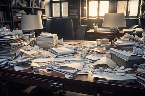 Messy Office Desk With Piles Of Papers And Folders On It Premium Ai