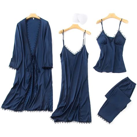 Satin Intimate Lingerie Casual Home Clothing 4pcs Long Robe Set Women