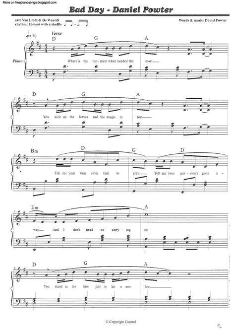 Bad Day Free Sheet Music By Daniel Powter Pianoshelf