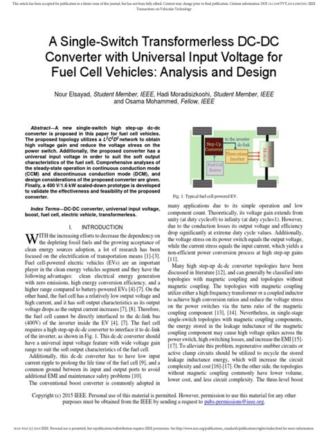 A Single Switch Transformerless Dc Dc Converter With Universal Input Voltage For Fuel Cell