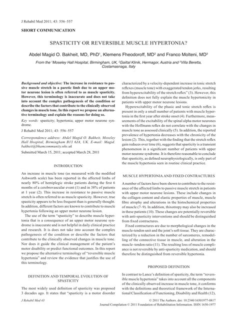 Pdf Spasticity Or Reversible Muscle Hypertonia
