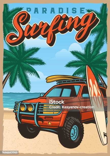 Suv 자동차와 빈티지 서핑 포스터 차에 대한 스톡 벡터 아트 및 기타 이미지 차 화물차 복고풍 Istock