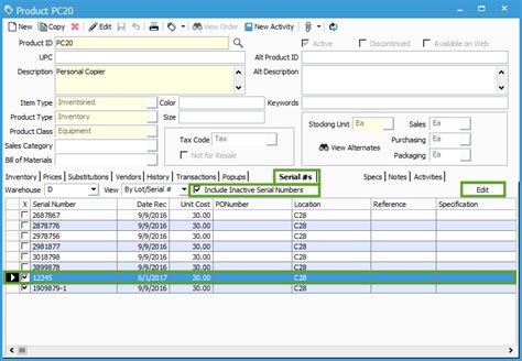 Editing Lot Serial Numbers