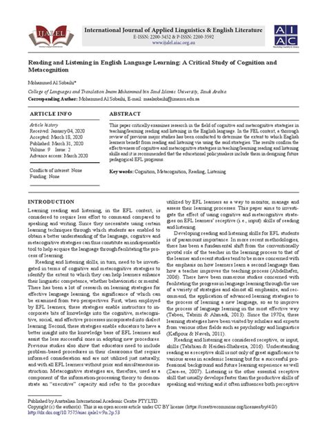Reading And Listening In English Language Learning Pdf Metacognition English As A Second