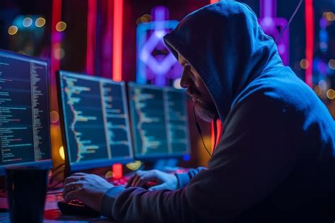 Hacker In Hoodie Sitting In Front Of Computer Monitor With Binary Code Premium Ai Generated Image