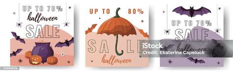 할로윈 오렌지와 보라색 프로모션 판매 배너 카드 디자인 세트 호박 우산 안구 박쥐 트릭 또는 치료 디자인 포스터 전단지 웹 디자인 10월에 대한 스톡 벡터 아트 및 기타