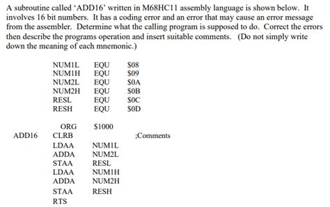 Solved A Subroutine Called Add16 Written In M68hc11