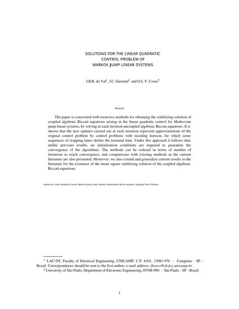 Pdf Solutions For The Linear Quadratic Control Problem Of Markov Jump