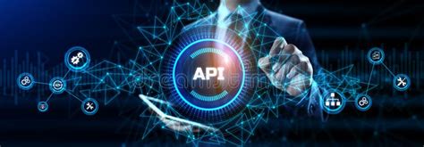 Api Application Programming Interface Businessman Pressing Virtual Button Stock Illustration