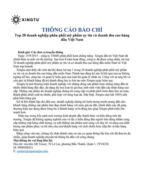 Thông cáo báo chí THÔNG CÁO BÁO CHÍ Top 20 doanh nghiệp phân phối mỹ