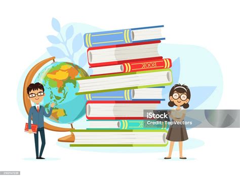귀여운 소년 와 소녀 얼간이 에서 안경 서 있는 가까이 책 와 지구 벡터 일러스트 개념에 대한 스톡 벡터 아트 및 기타 이미지 Istock