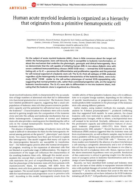 Pdf Human Acute Myeloid Leukemia Is Organized As A Hierarchy That Originates From A Primitive